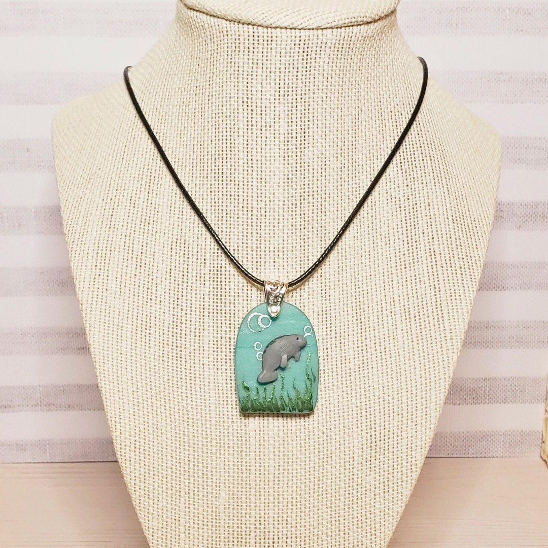 Polymer Clay Manatee Pendant on a 20 Black Cord Necklace, Beachy or ...