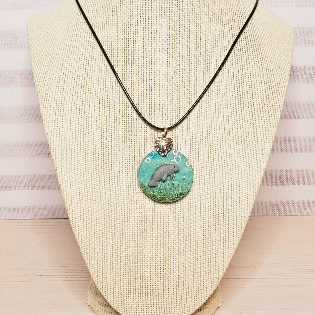 Polymer Clay Manatee Pendant on a 20 Black Cord Necklace, Beachy or ...