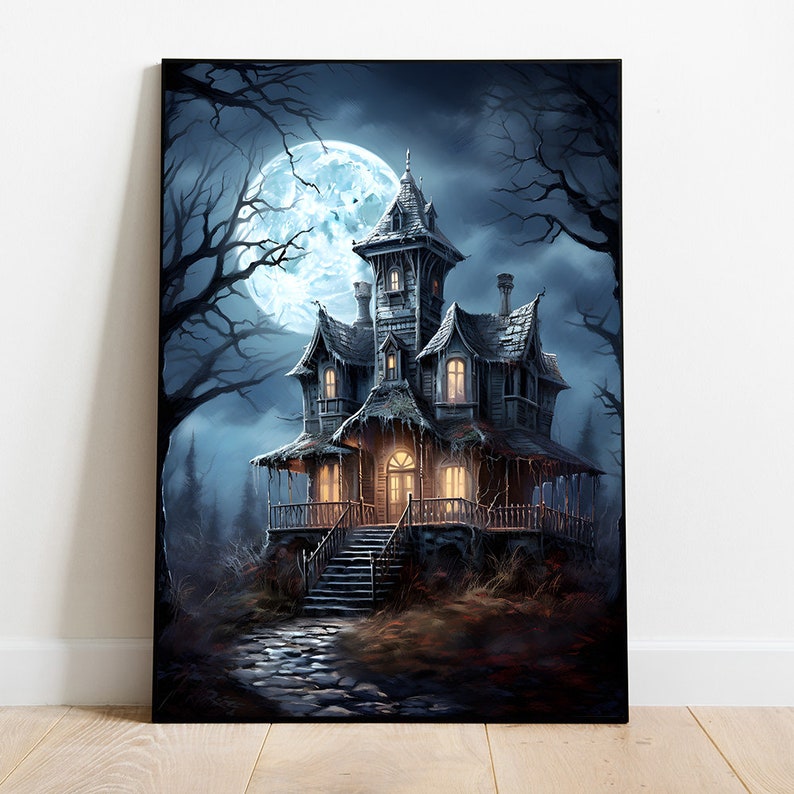 Haunted House Painting, Halloween Castle Print, Spooky House Printable ...