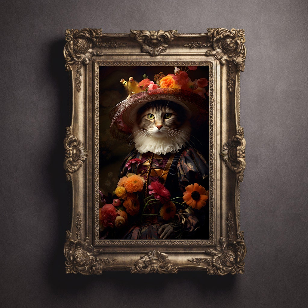 Aristocrat Cat Painting, Renaissance Cat Art, Autumn Wall Art, Animal ...