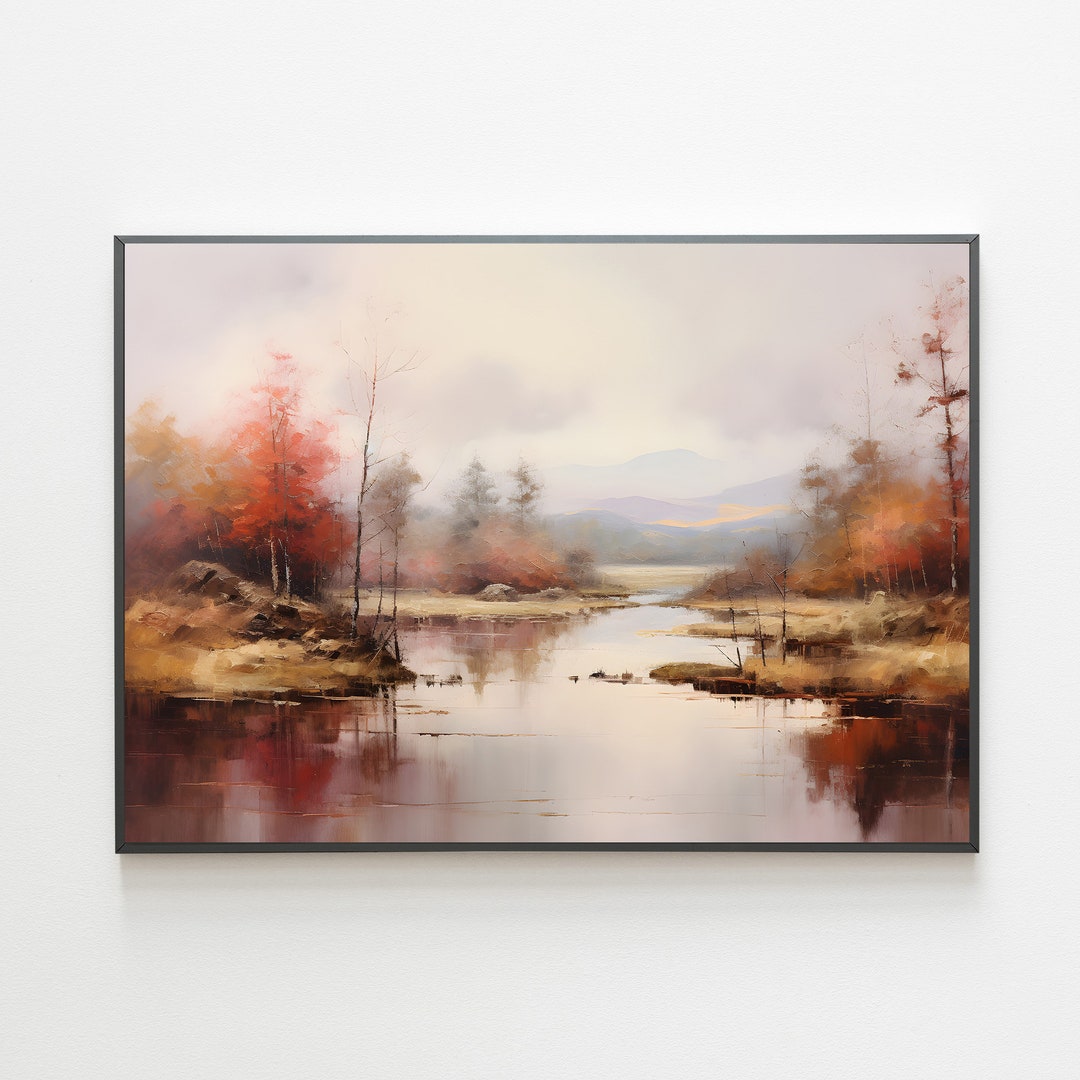 Moody Autumn Lake Painting: Rustic Cottagecore Landscape (digital ...