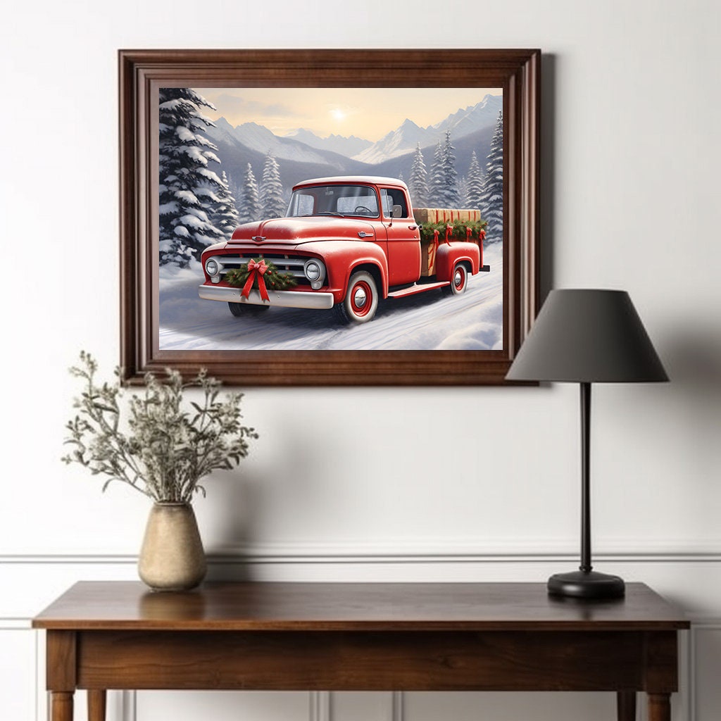 Christmas Red Truck Print, Red Truck and Christmas Tree Wall Art, Xmas ...