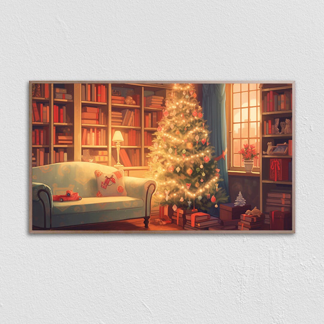 Vintage Christmas Tree Frame TV Art: Cozy Holiday Library (digital ...