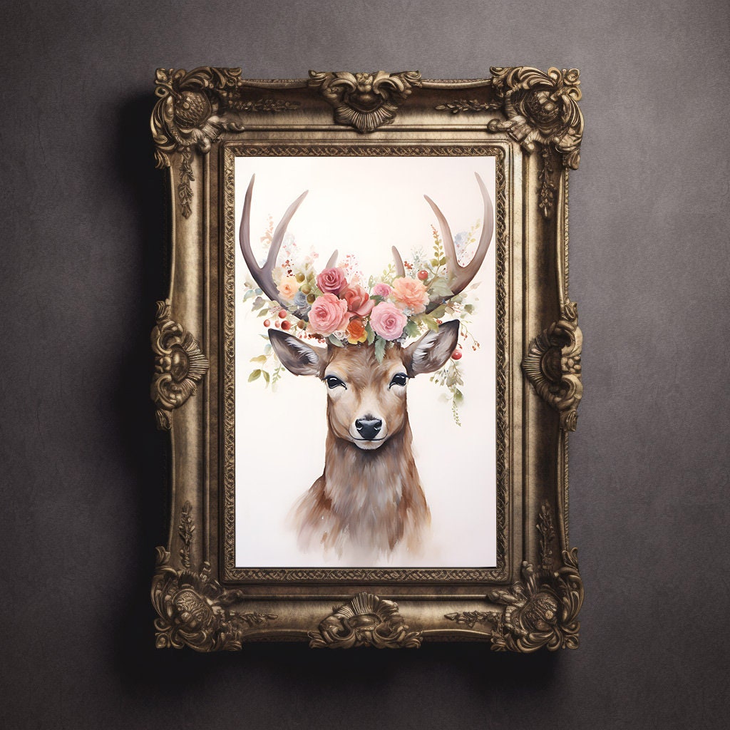 Spring Artwork, Deer With Flower Crown Print, Antlers With Flowers ...
