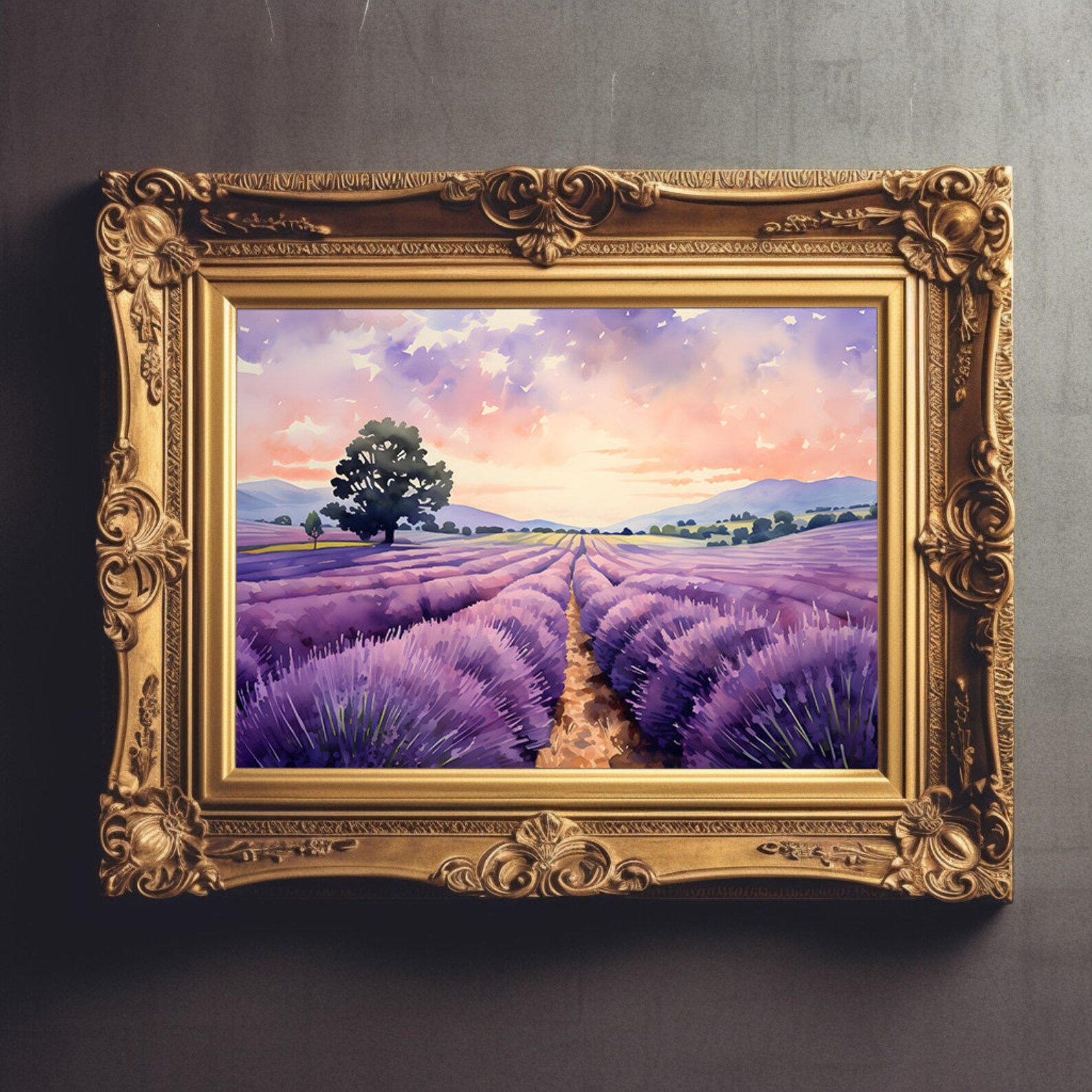 Lavender Field Art, French Country Print, Lavender Watercolor Landscape ...
