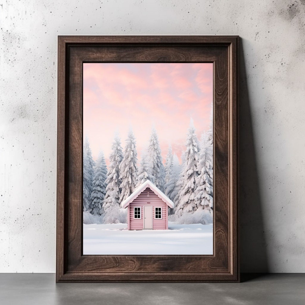 Pink Wooden Cabin Wall Art, Wooden House in Snow, Winter Cabin Print ...