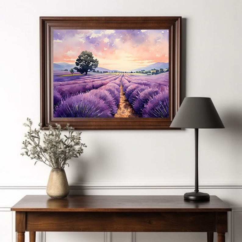 Lavender Field Art, French Country Print, Lavender Watercolor Landscape ...