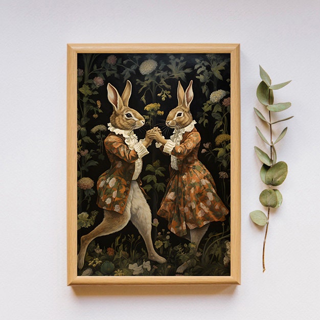 Victorian Rabbits Dancing Painting, Vintage Rabbit Poster, Renaissance ...