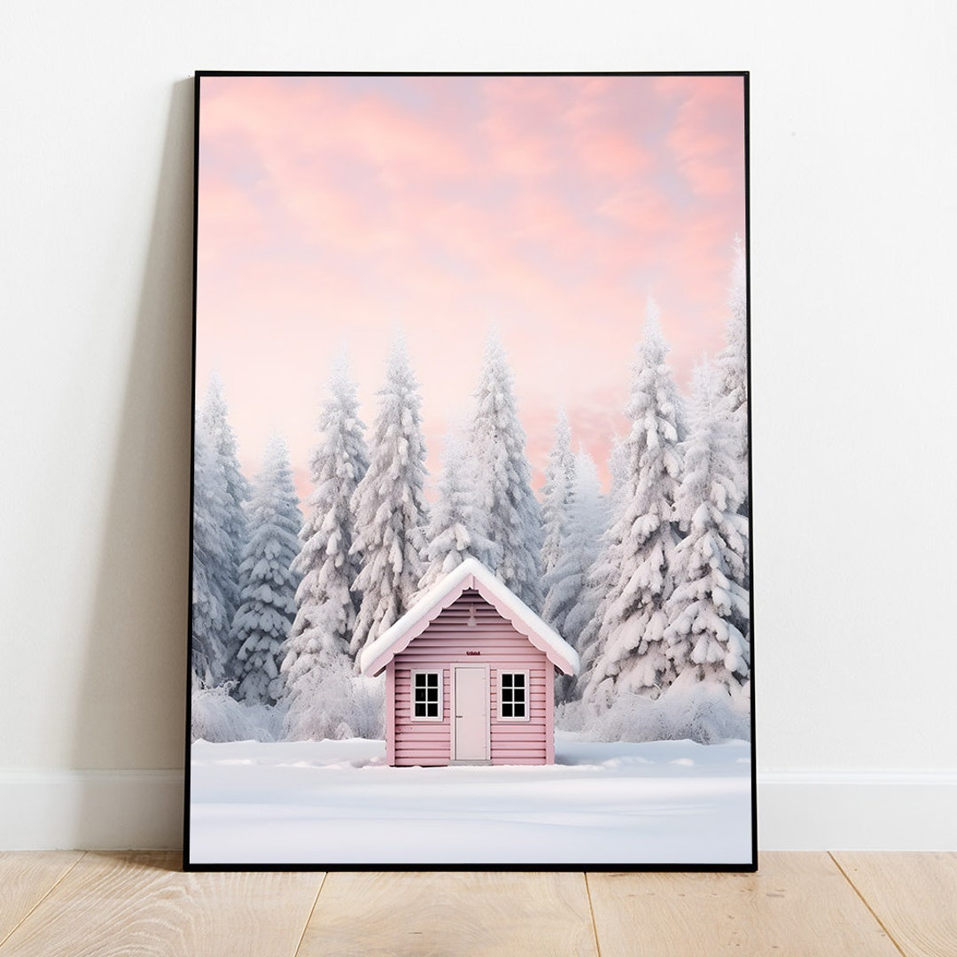 Pink Wooden Cabin Wall Art, Wooden House in Snow, Winter Cabin Print ...