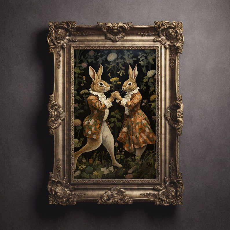 Victorian Rabbits Dancing Painting, Vintage Rabbit Poster, Renaissance ...