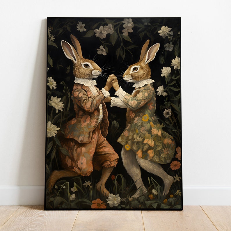 Vintage Rabbits Print, Victorian Rabbits Dancing Painting, Renaissance ...