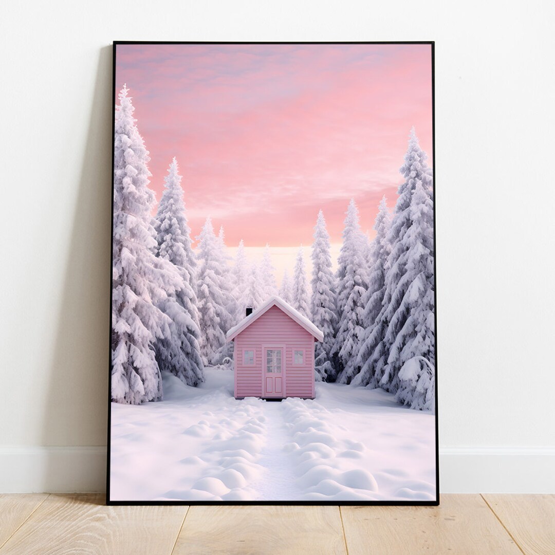 Wooden House in Snow, Winter Cabin Print, Pink Wooden Cabin Wall Art ...