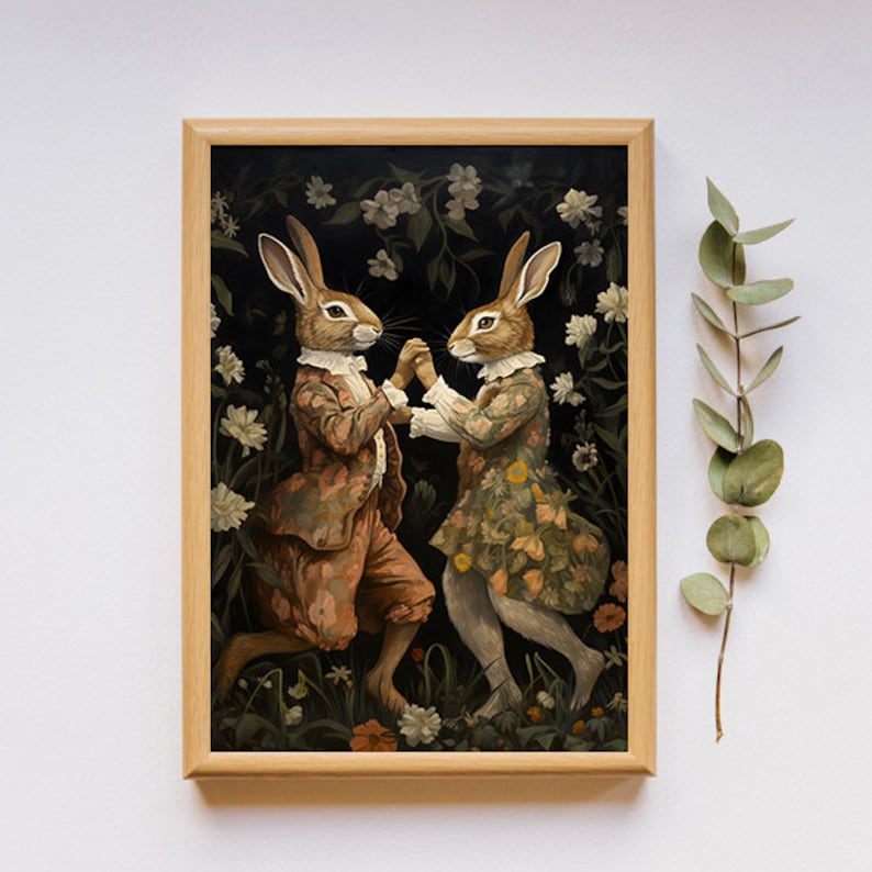Vintage Rabbits Print, Victorian Rabbits Dancing Painting, Renaissance ...