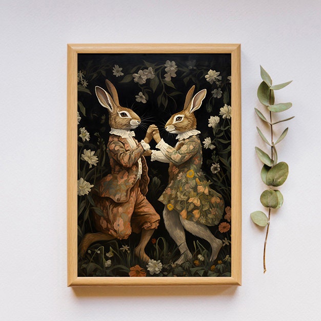 Vintage Rabbits Print, Victorian Rabbits Dancing Painting, Renaissance ...