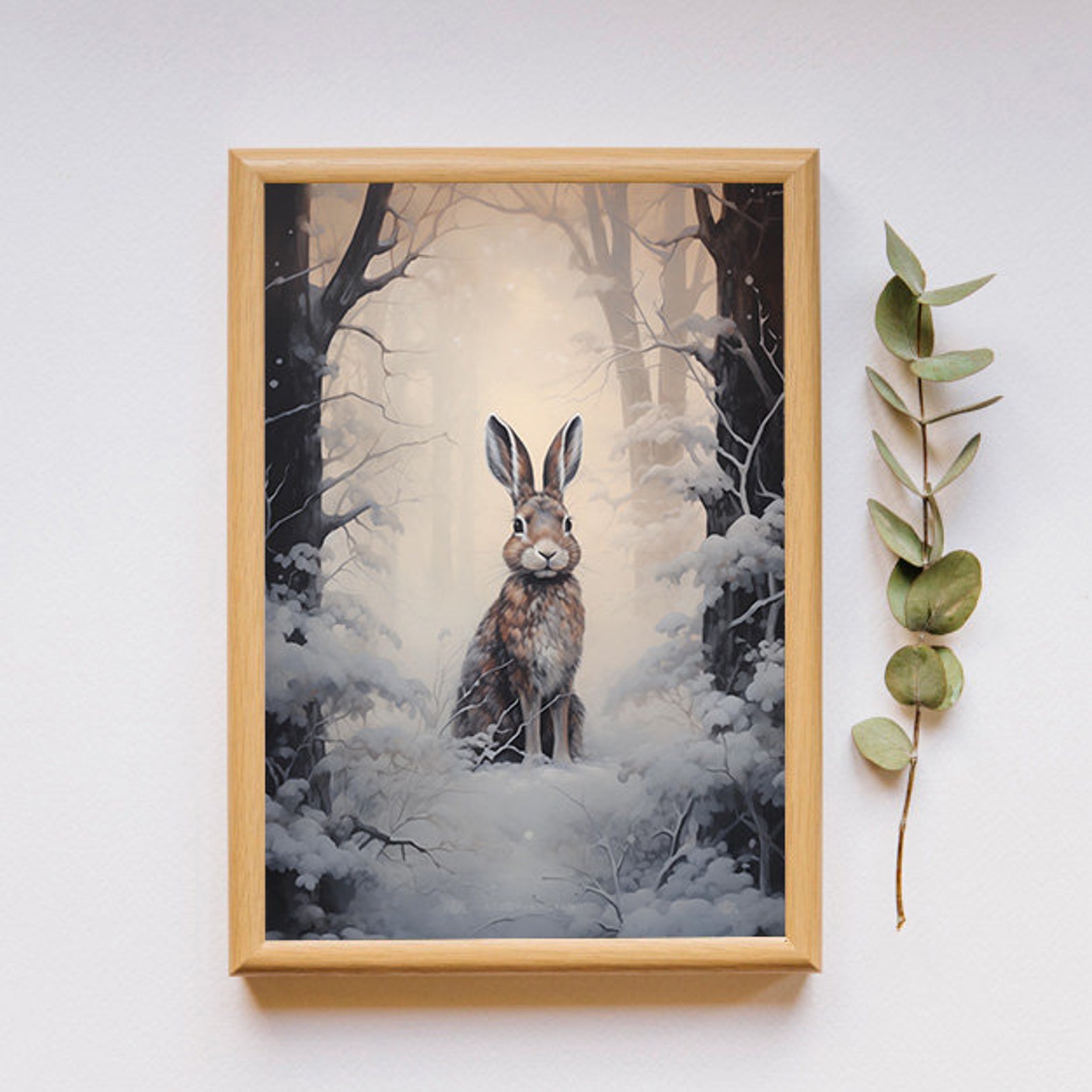 Vintage Rabbit Painting, Winter Rabbit Printable Wall Art, Country ...
