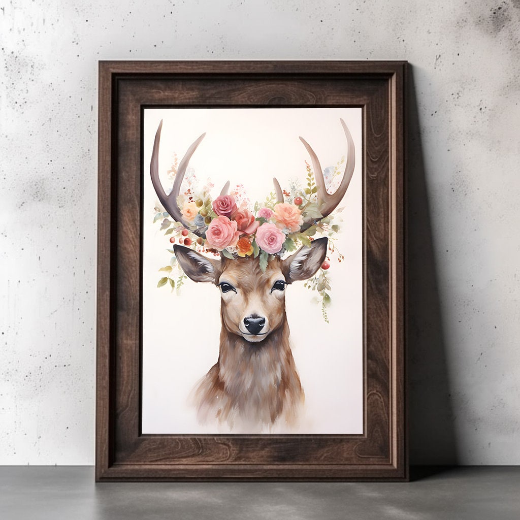 Spring Artwork, Deer With Flower Crown Print, Antlers With Flowers ...