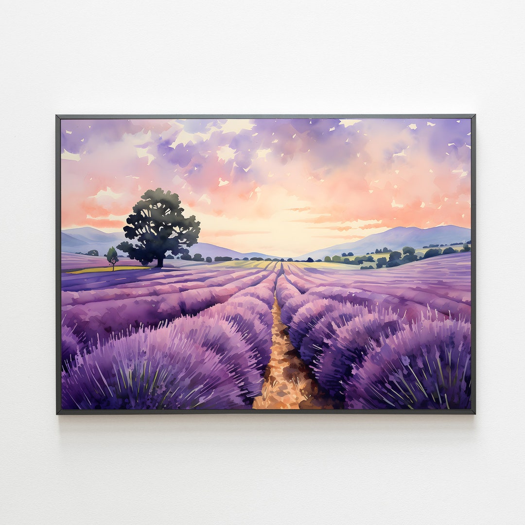 Lavender Field Art, French Country Print, Lavender Watercolor Landscape ...