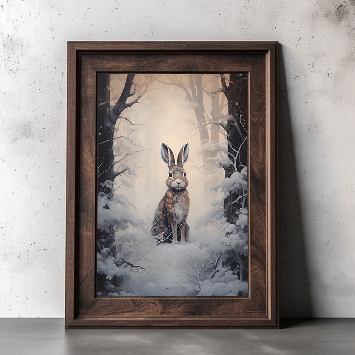 Vintage Rabbit Painting, Winter Rabbit Printable Wall Art, Country ...