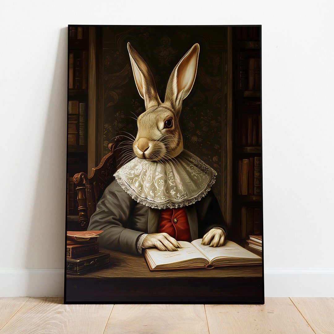 Vintage Reading Rabbit Print, Renaissance Rabbit Painting, Aristocrat ...