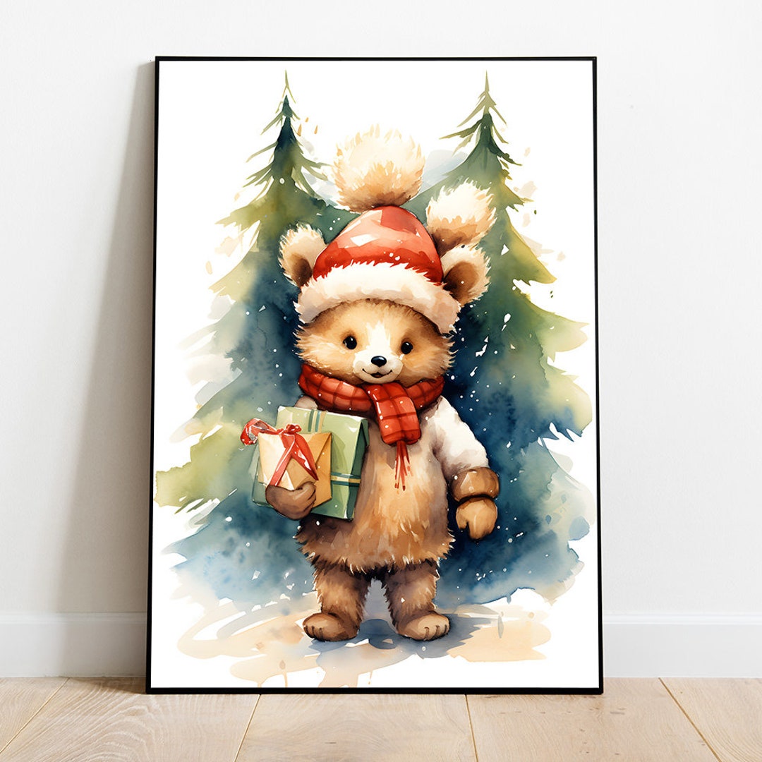 Vintage Christmas Bear Watercolor Print: Cottagecore Nursery Art ...