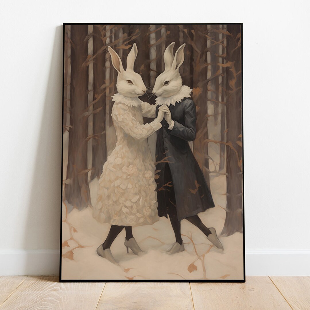 Victorian Winter Rabbits Dancing Painting, Vintage Rabbits Print ...