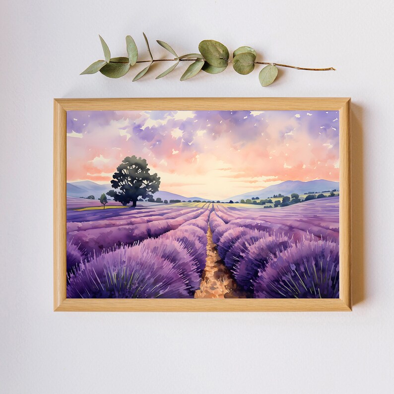 Lavender Field Art, French Country Print, Lavender Watercolor Landscape ...