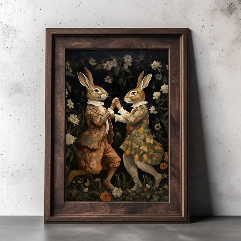 Vintage Rabbits Print, Victorian Rabbits Dancing Painting, Renaissance ...