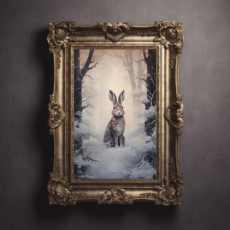 Vintage Rabbit Painting, Winter Rabbit Printable Wall Art, Country ...