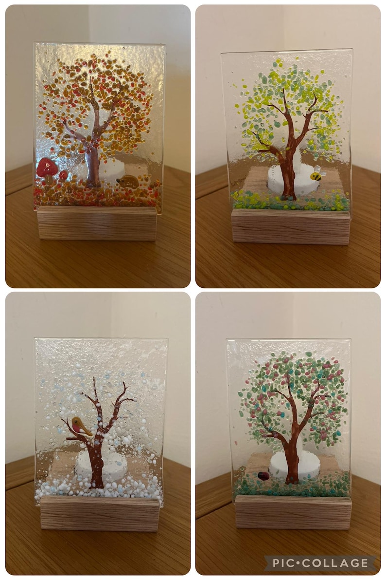 Autumn Winter Summer Spring Tree Interchangeable Fused Glass Tea Light ...
