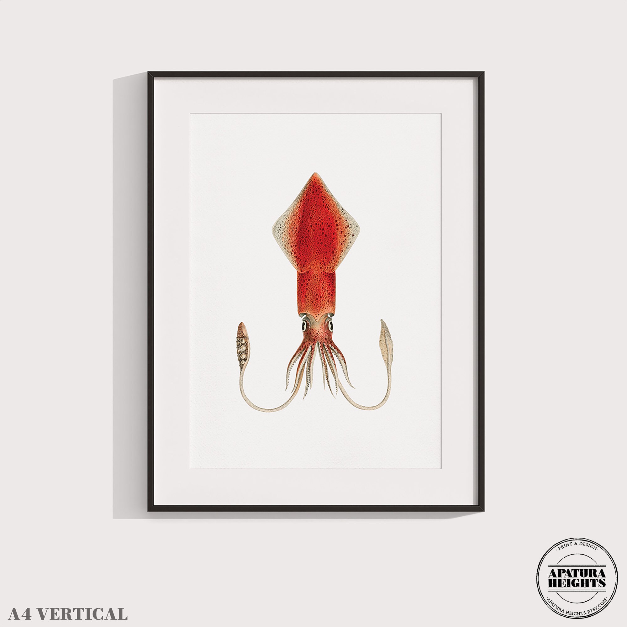 Red Squid Wall Art, Creatures of the Ocean, Cephalopod 8x10 Decor ...