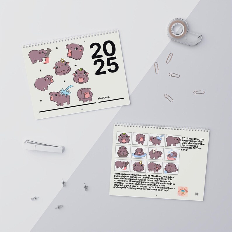 2025 Moo Deng the Pygmy Hippo Wall Calendar - Adorable Cartoon Hippo ...