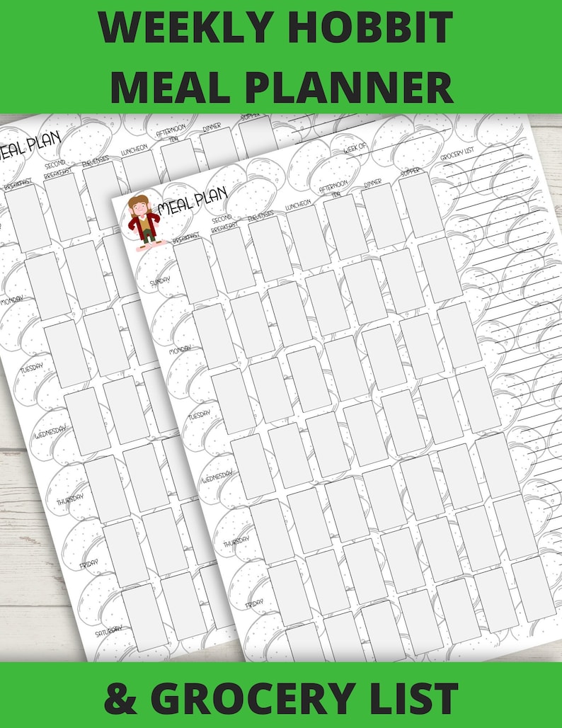 Weekly Hobbit Meal Planner & Grocery List Sunday Start Printable ...