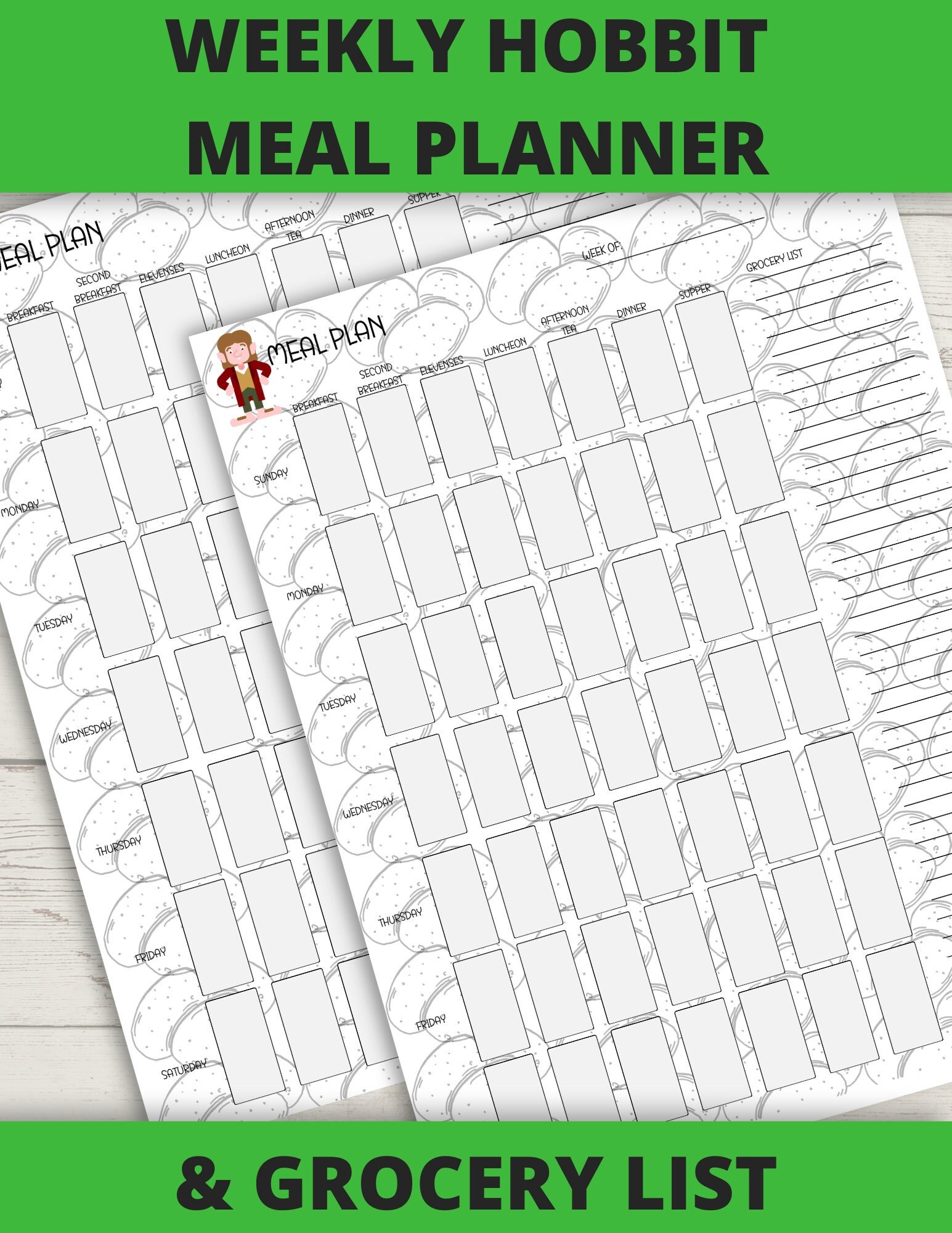 Weekly Hobbit Meal Planner & Grocery List Sunday Start Printable ...