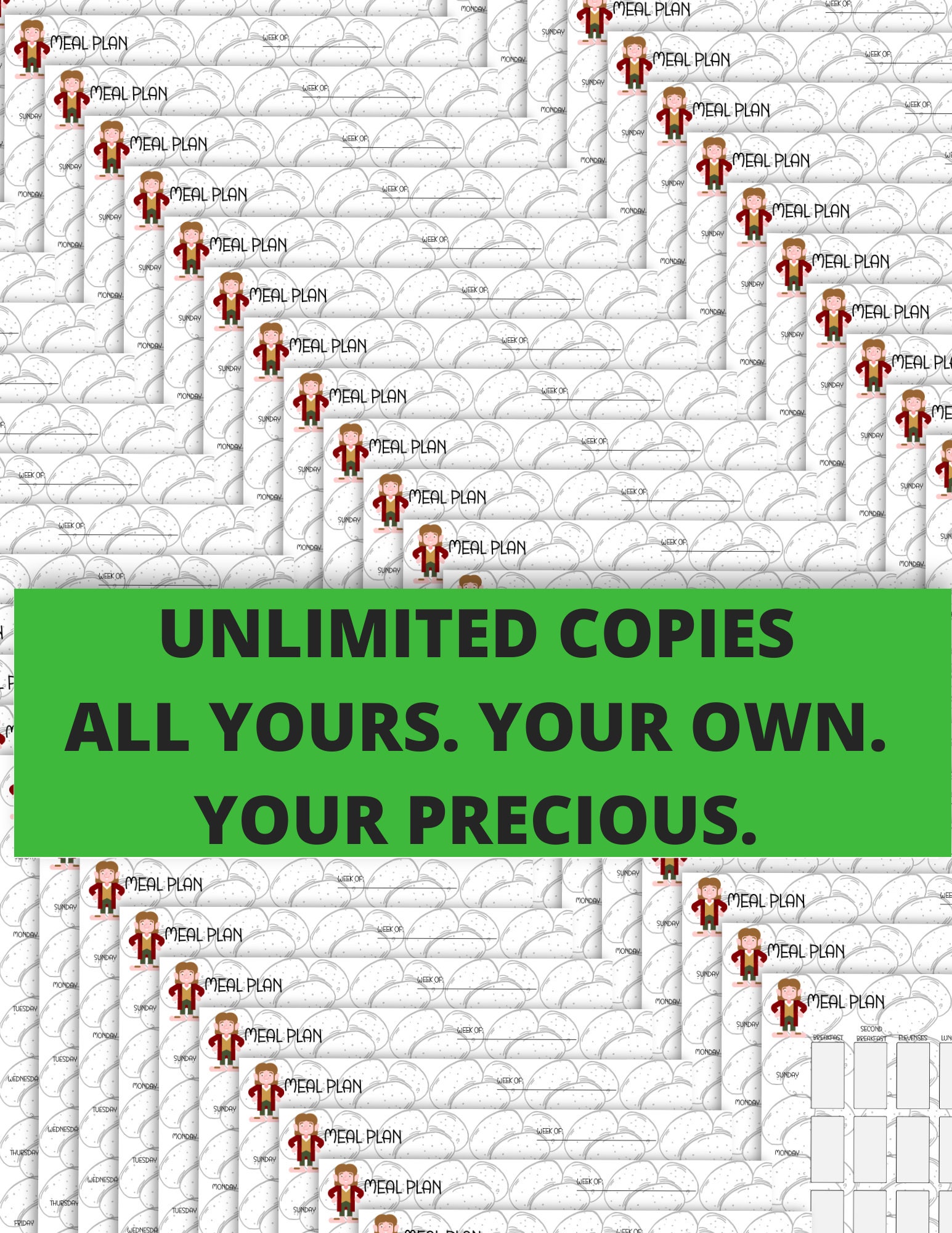 Weekly Hobbit Meal Planner & Grocery List Sunday Start Printable ...