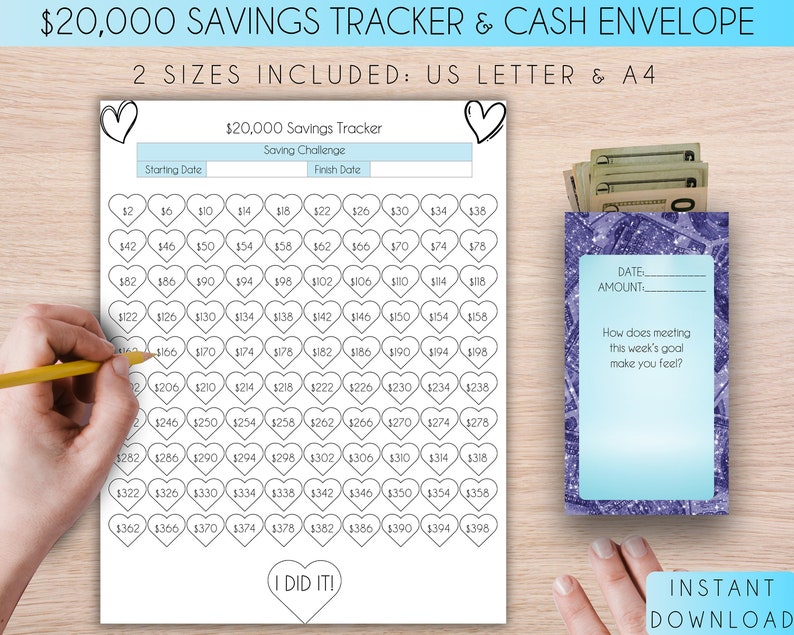 20,000 Savings Challenge Tracker Printable Money Saving Goal Chart ...