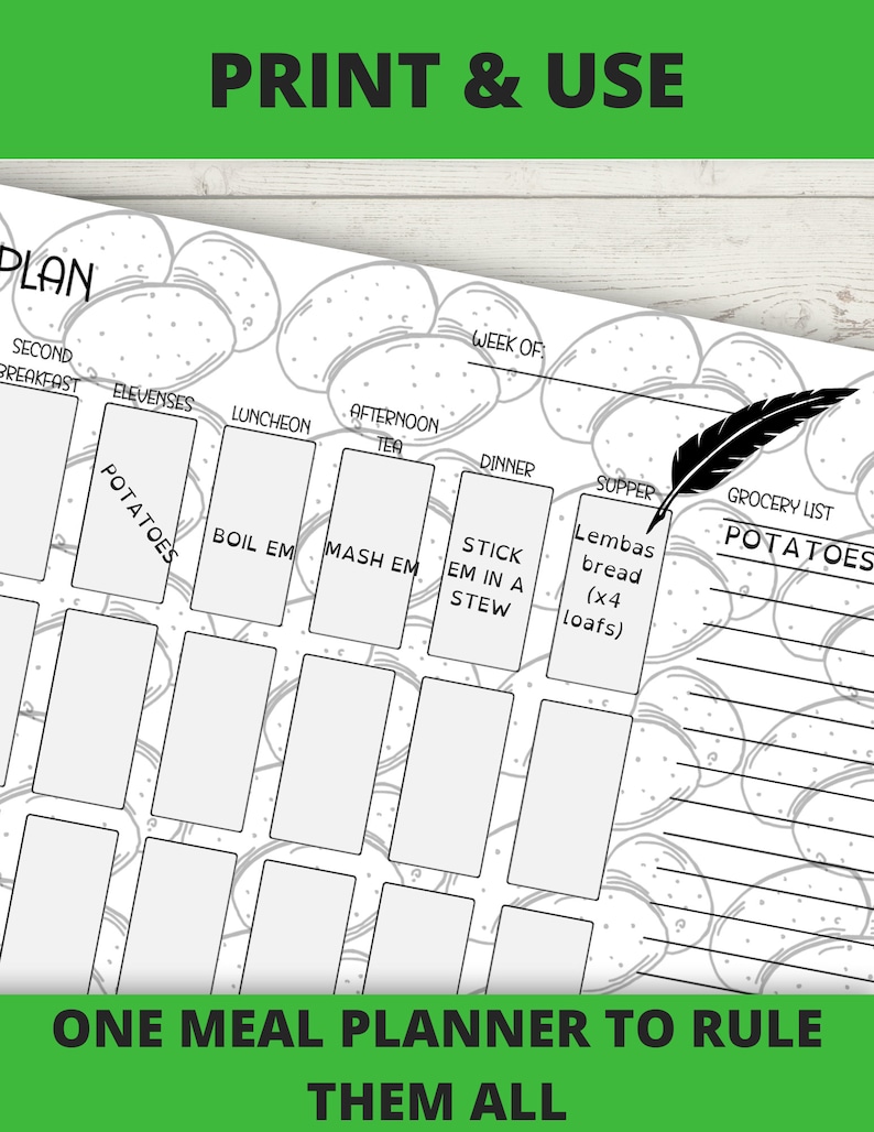Weekly Hobbit Meal Planner & Grocery List Sunday Start Printable ...