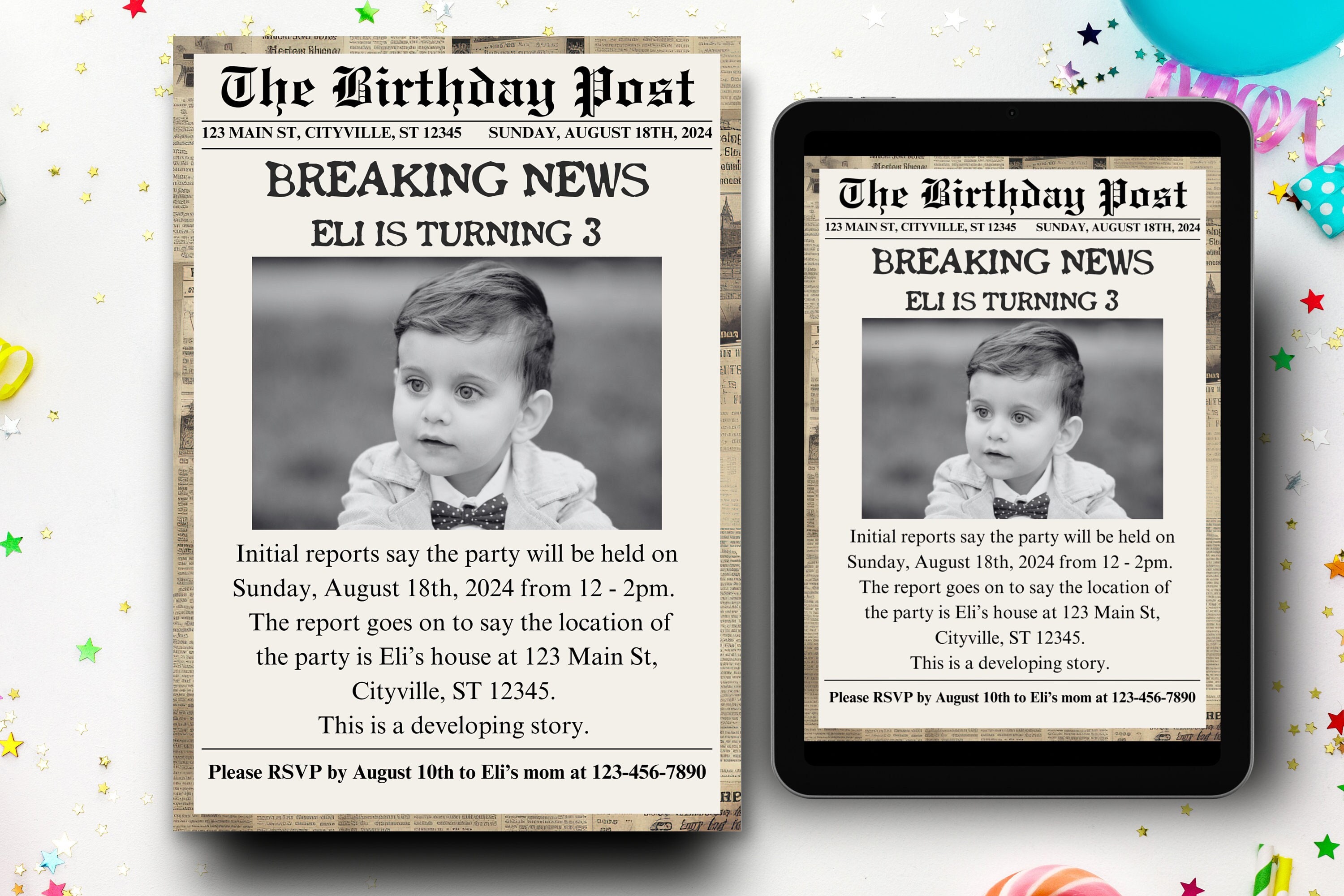 EDITABLE Birthday Party Invitation Vintage Newspaper BREAKING NEWS ...