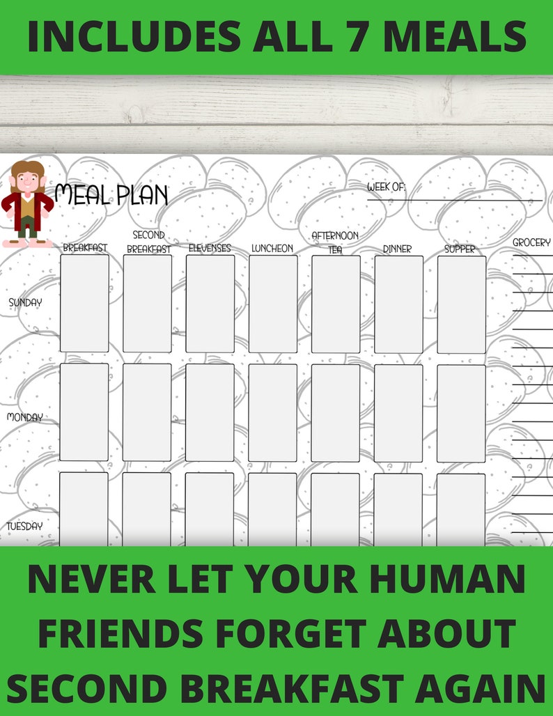 Weekly Hobbit Meal Planner & Grocery List Sunday Start Printable ...
