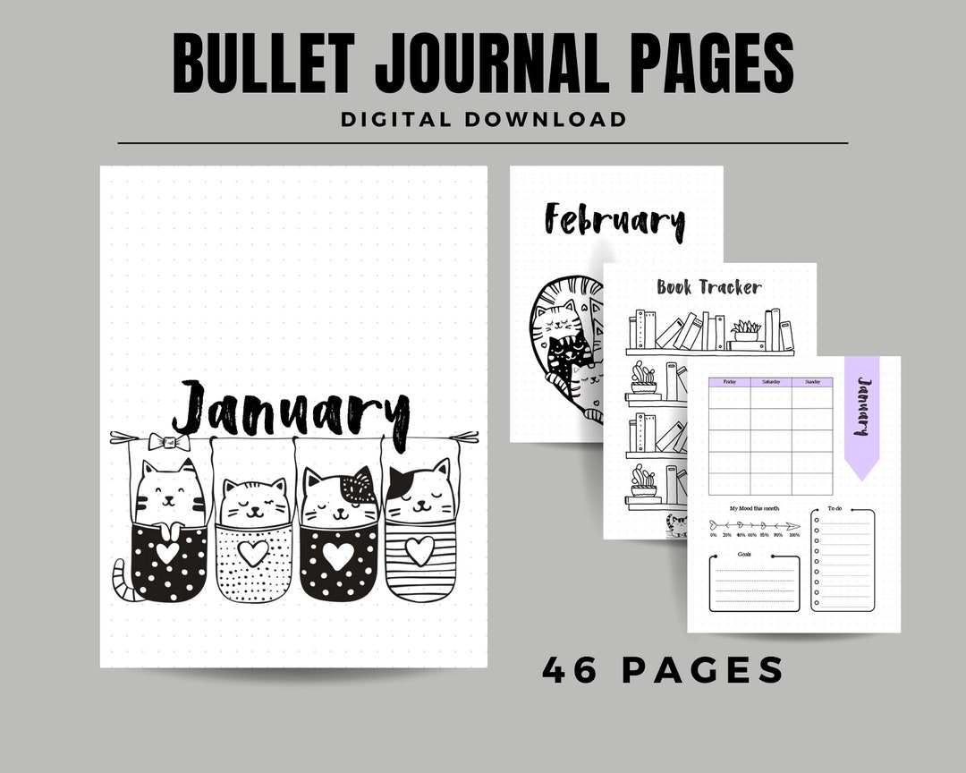 46 Pages Undated Monthly Bullet Journal With Adorable Doodle Cat Theme ...