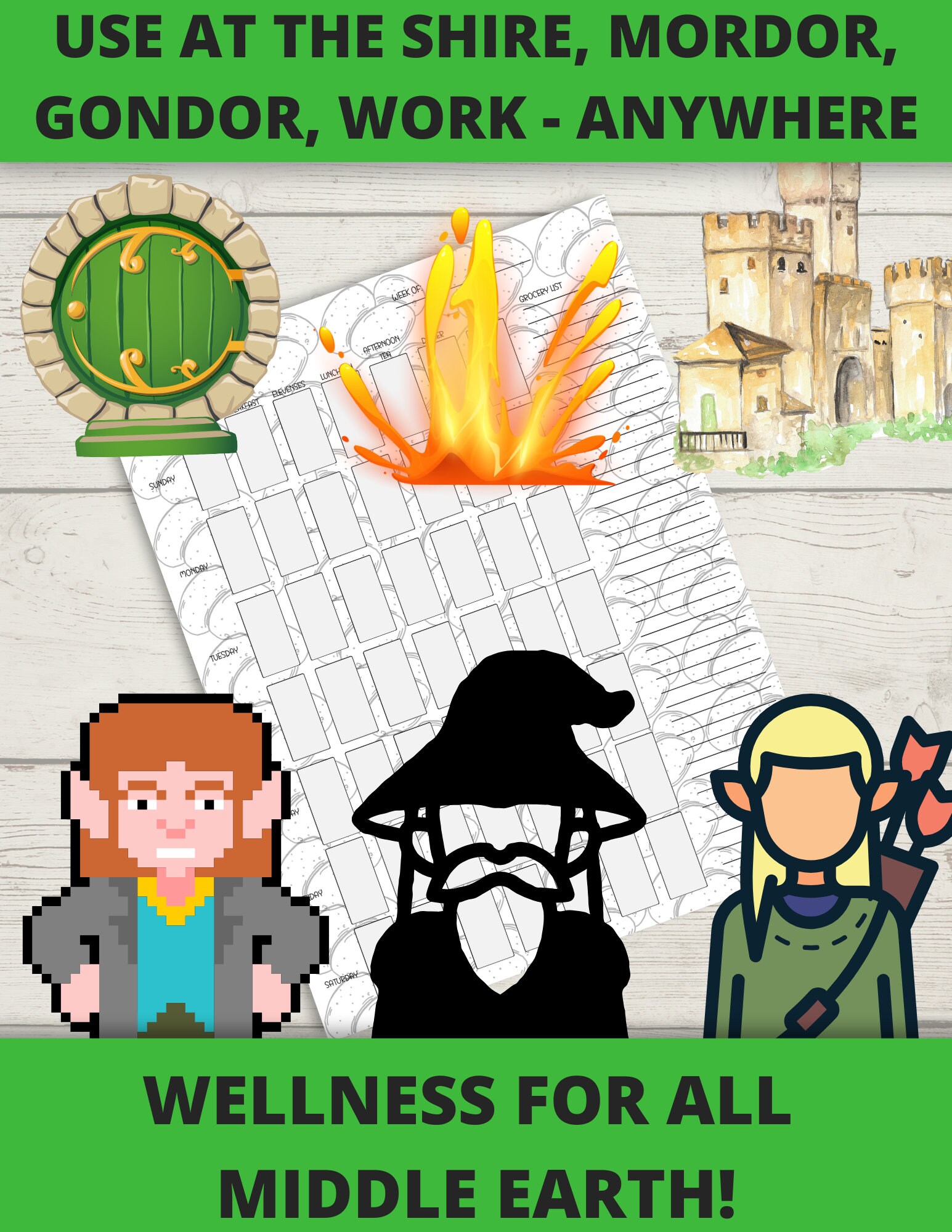 Weekly Hobbit Meal Planner & Grocery List Sunday Start Printable ...