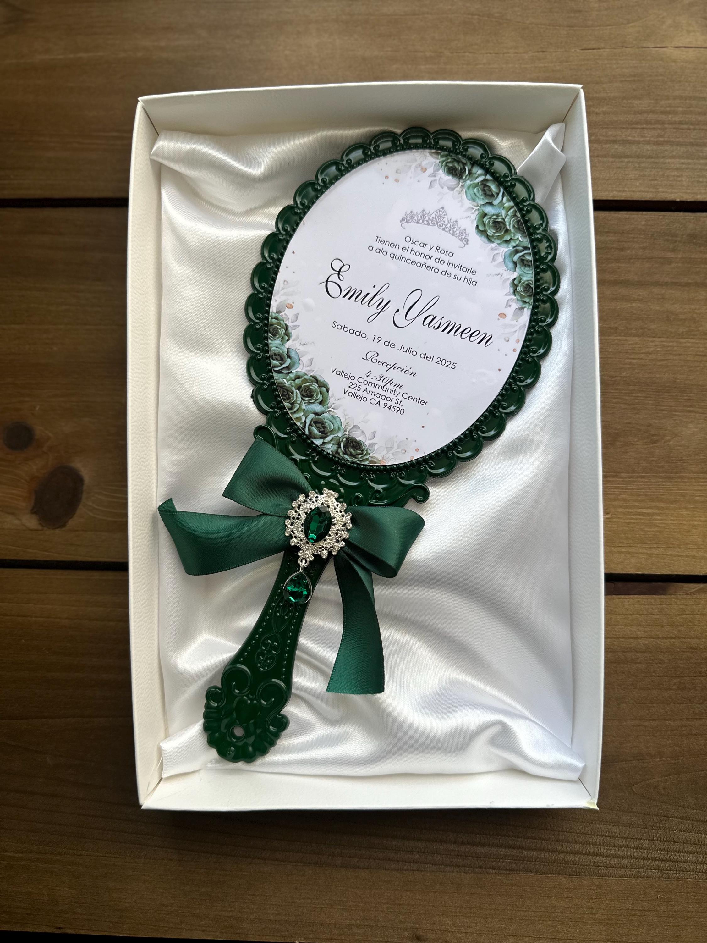 Emerald Green Mirror Quinceañera Invitations With Bow - Etsy