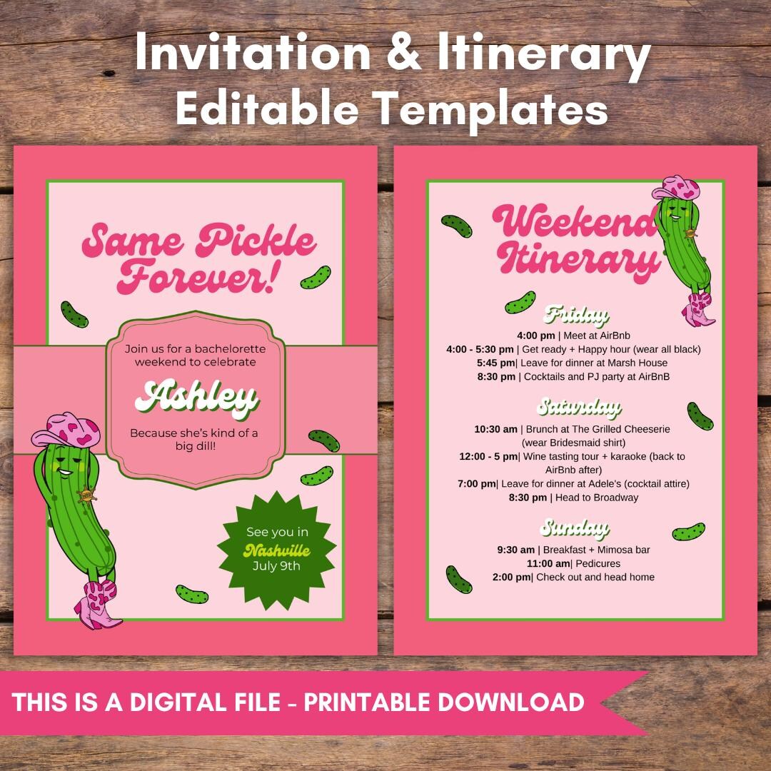 Pickle Lover Funny Bachelorette Party Invitation and Itinerary Template ...