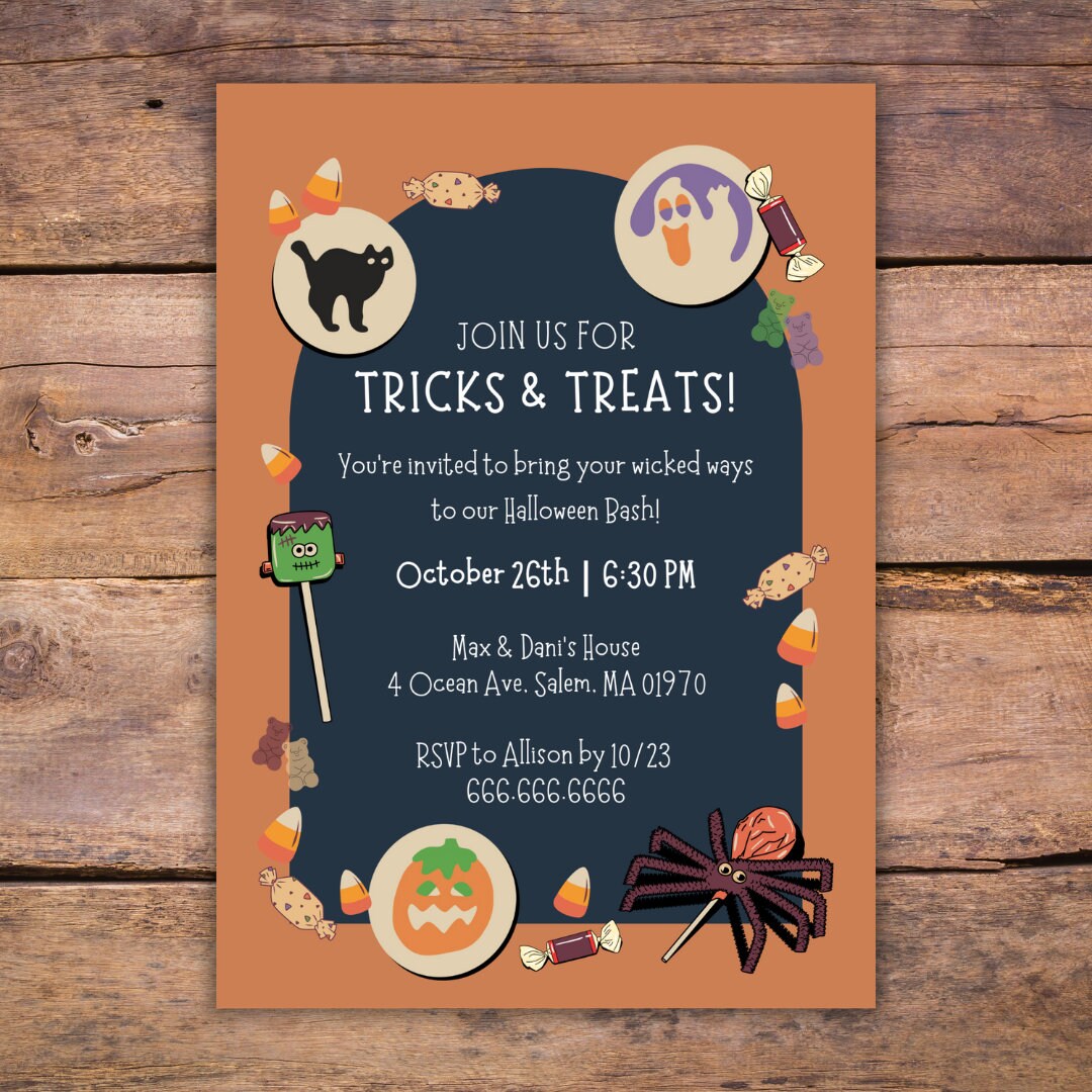 Editable Halloween Party Invitation Printable, Treats Candy Party Favor ...