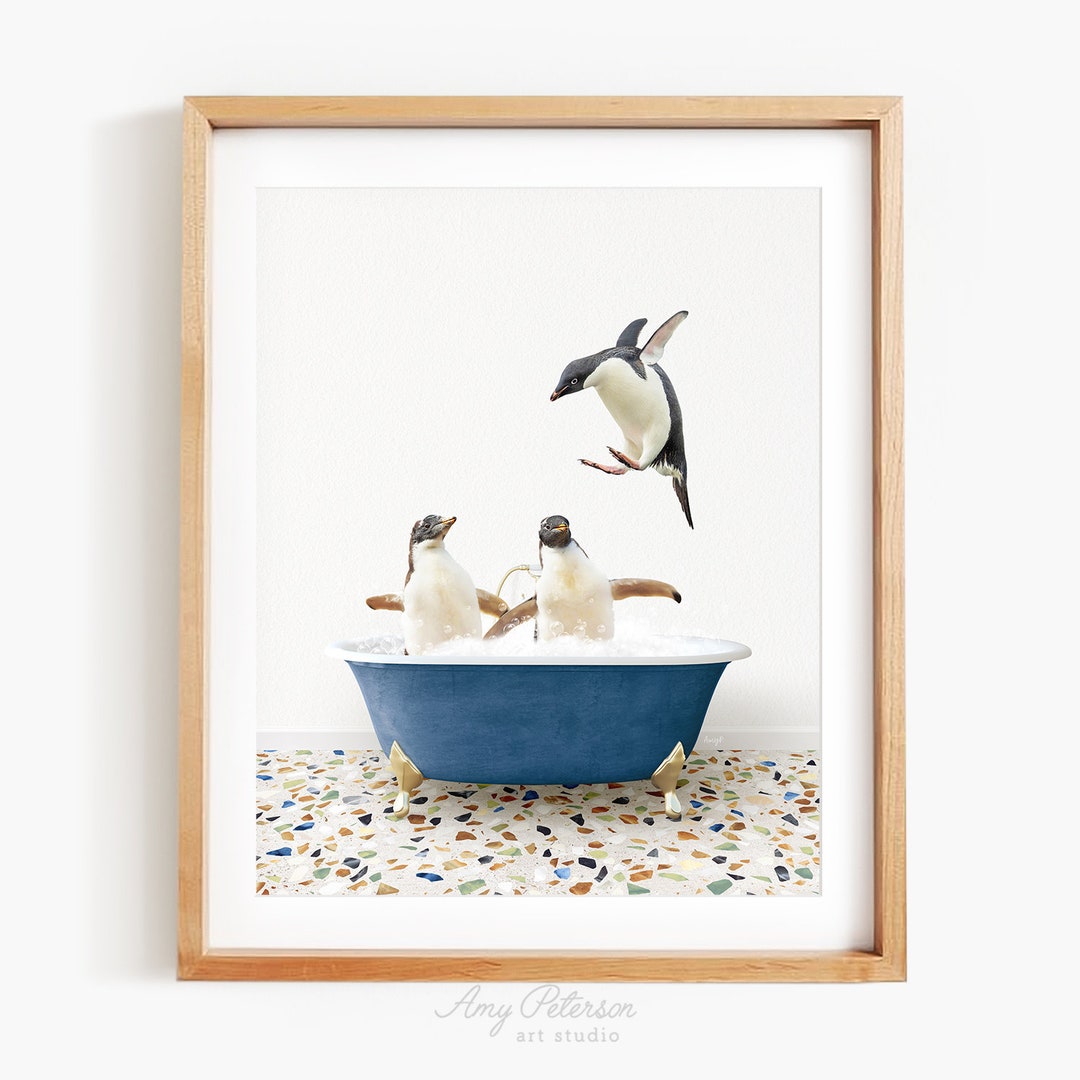 Penguins in Vintage Bathtub, Terrazzo Blue Bath Style, Animal in Tub ...