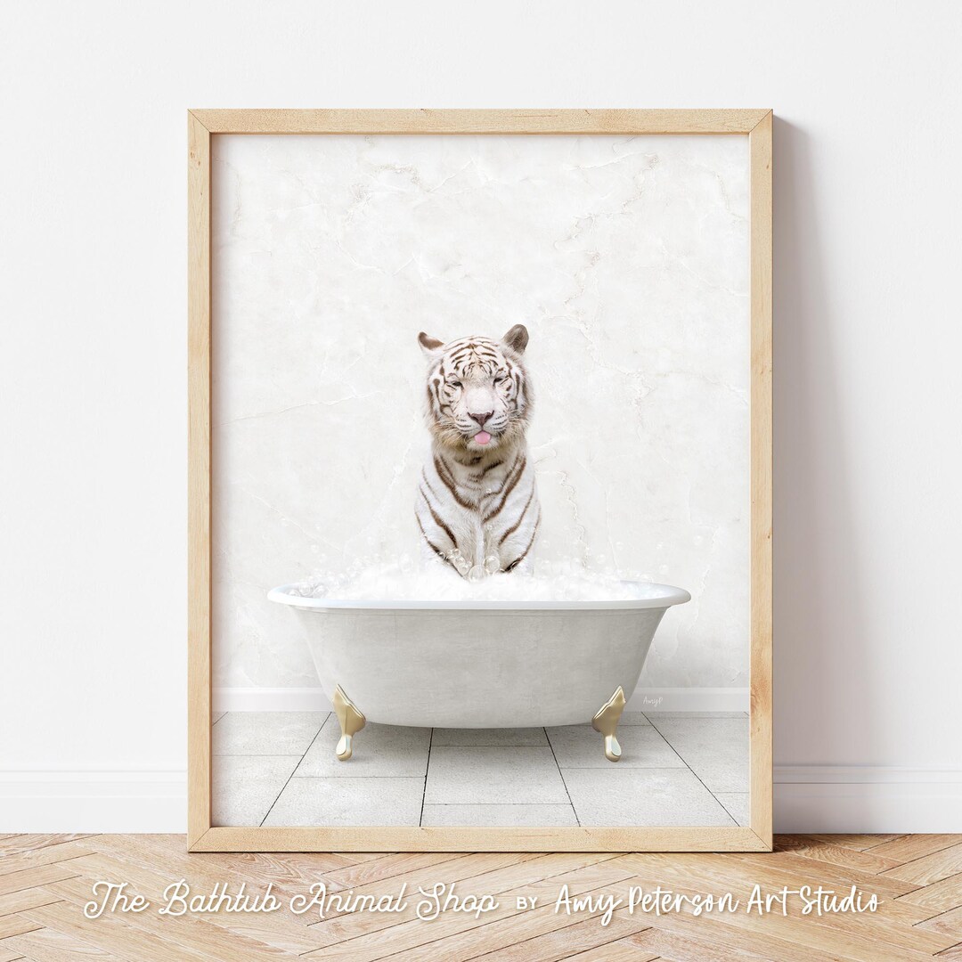 White Tiger Blep in Vintage Bathtub, Stone Slab Style, Animal in Tub ...