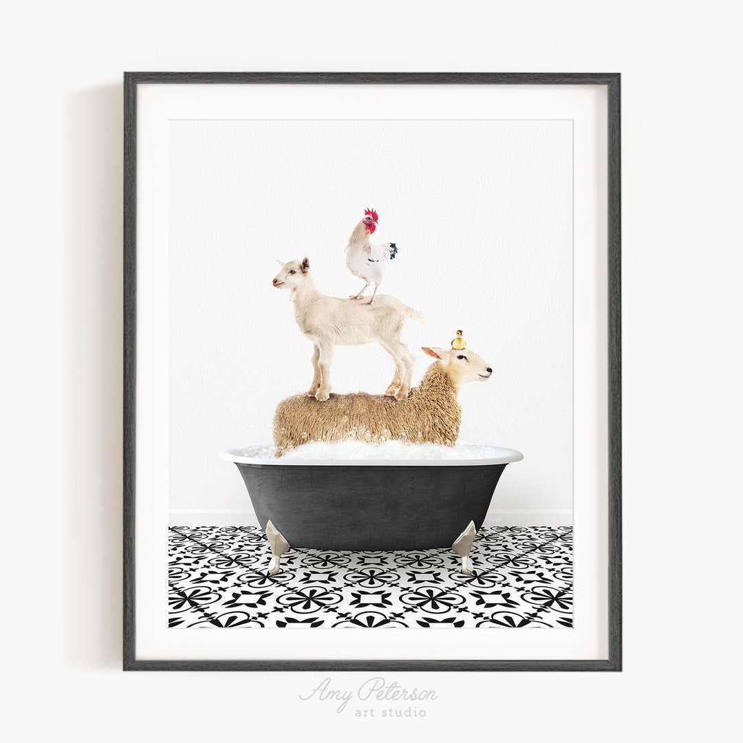 Farm Animals in Vintage Bathtub, Black and White Bath Style, Animal in ...