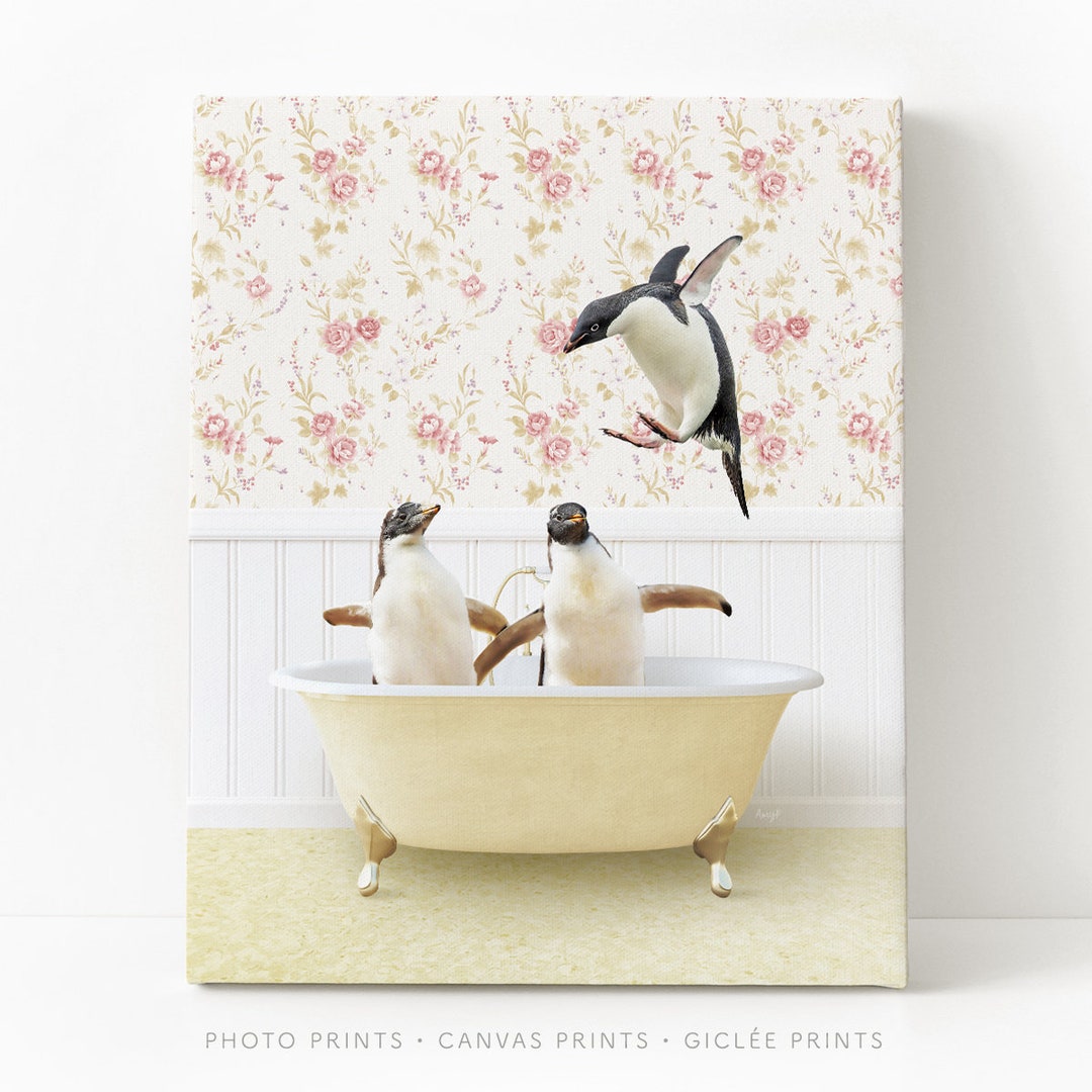 Penguins in Vintage Bathtub, Vintage Yellow Bath Style, Animal in Tub ...