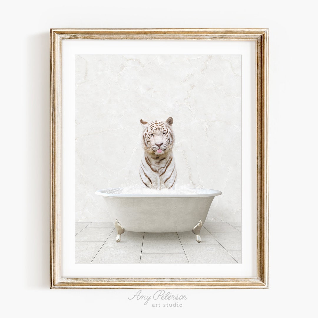 Weißer Tiger Blep in Vintage Badewanne, Steinplatten-Stil, Tier in ...