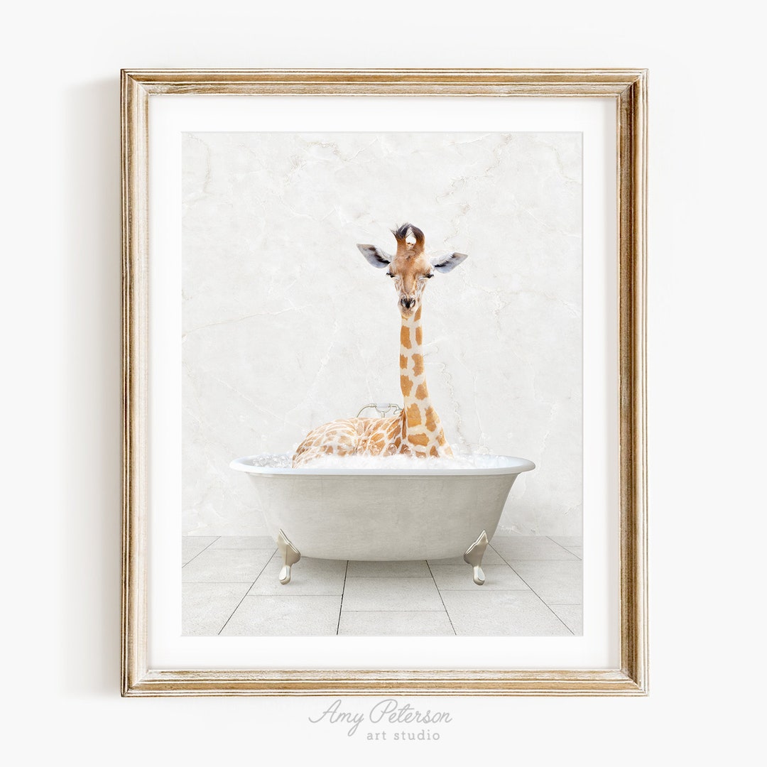 Giraffe in Vintage Bathtub, Stone Slab Style, Animal in Tub, Bathroom ...