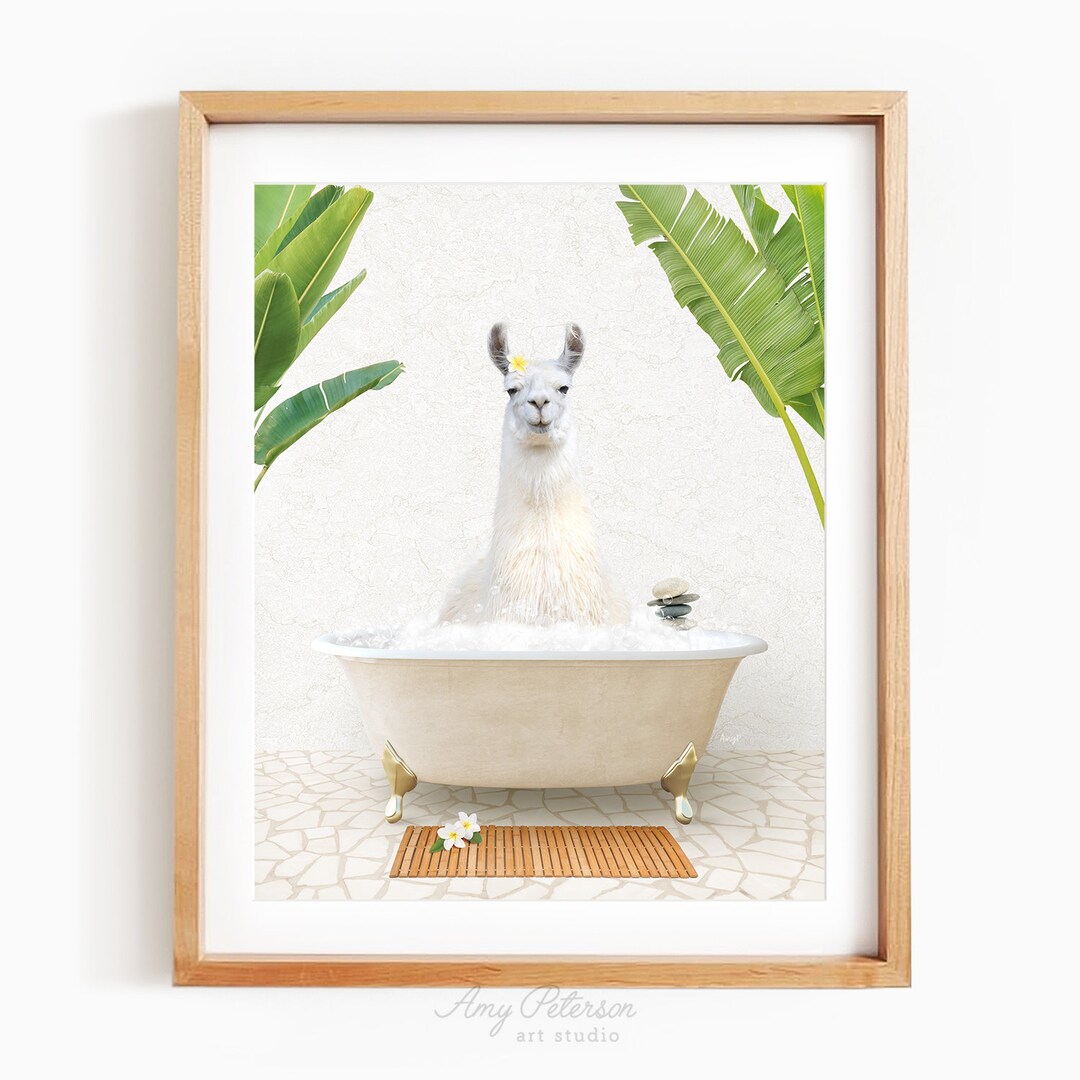 Llama in Vintage Bathtub, Bali Bath Style, Animal in Tub, Bathroom Art ...